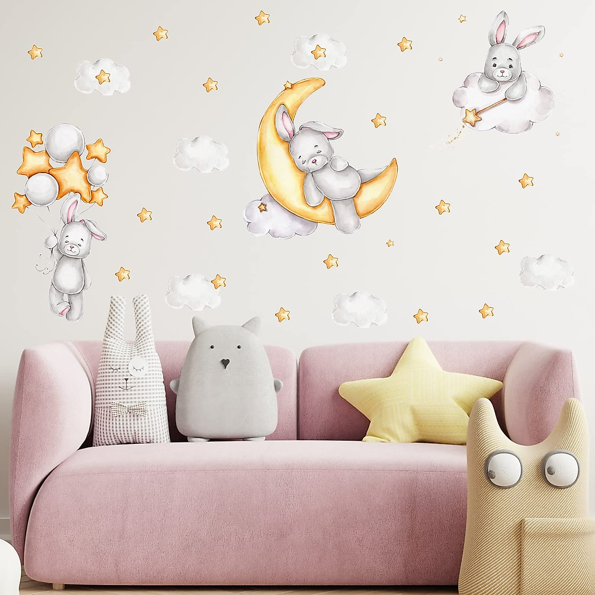 Laoyello Bunny Sleeping on The Moon Wall Stickers Rabbit Stickers Cloud Moon Wall Decal Baby Boy Girls Moon and Stars Nursery Wall Decor
