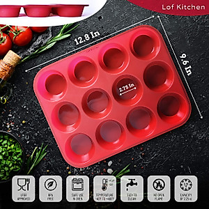 Lof Kitchen 12 Cups Silicone Muffin Pan - 100% Food Grade Silicone Muffin Pan 12 - Cupcake Pan - Non-Stick - BPA-Free Silicone Muffin Tin