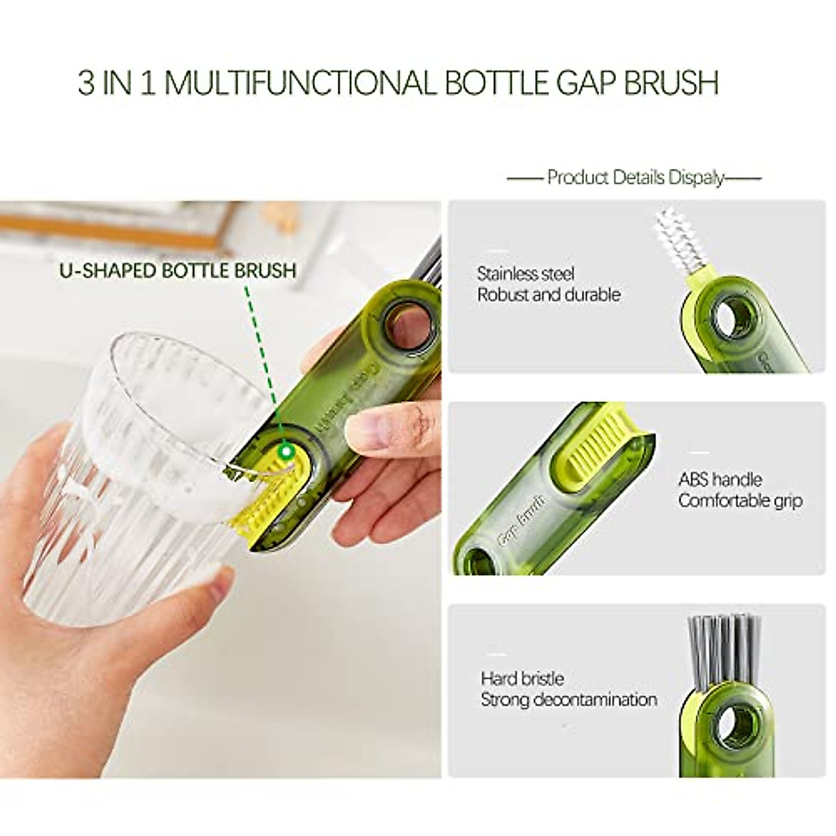 Water Bottle Cleaner Brush Set, Meritpick 3 in 1 Multipurpose Bottle Gap Cleaner Brush & Long Handle Silicone Bottle Brush & Straw Cleaner Brush for All Water Bottle, Baby Bottles (Green)