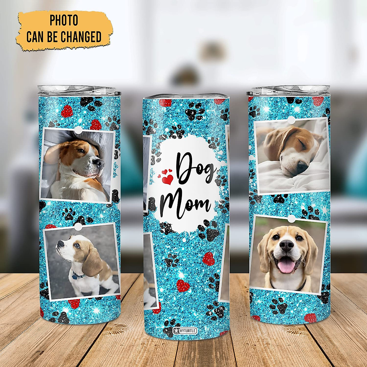 Hyturtle Personalized Picture Dog Mom Skinny Tumbler Gifts for Dog Lover Owner on Valentine's Day Birthday Mother's Day Christmas - Dog Pawprint Custom Photo 20oz Stainless Steel Skinny Tumbler