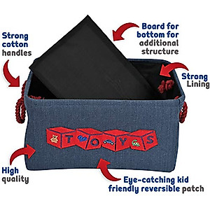 Toy Storage Basket Bin for Organizing Baby, Kids, Dog Toys, Children Books. Denim Canvas Box Organizer w/Attractive Red Patch for Playroom, Nursery …