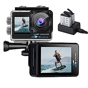 Xile Action Camera 4K WiFi Waterproof Camera 4*Zoom Dual Screen 131FT(40m) Waterproof Underwater Camera with 2X 1350mAh Batteries and Multifunctional Accessories Package Action Camera (4K+Dual Screen)