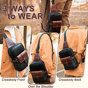 CENUNCO Genuine Leather Sling Bag Leather Crossbody Sling Backpack Concealed Carry Chest Bag Black Casual Hiking Motorcycle Bags Anti-Theft Travel Purse Fanny Pack