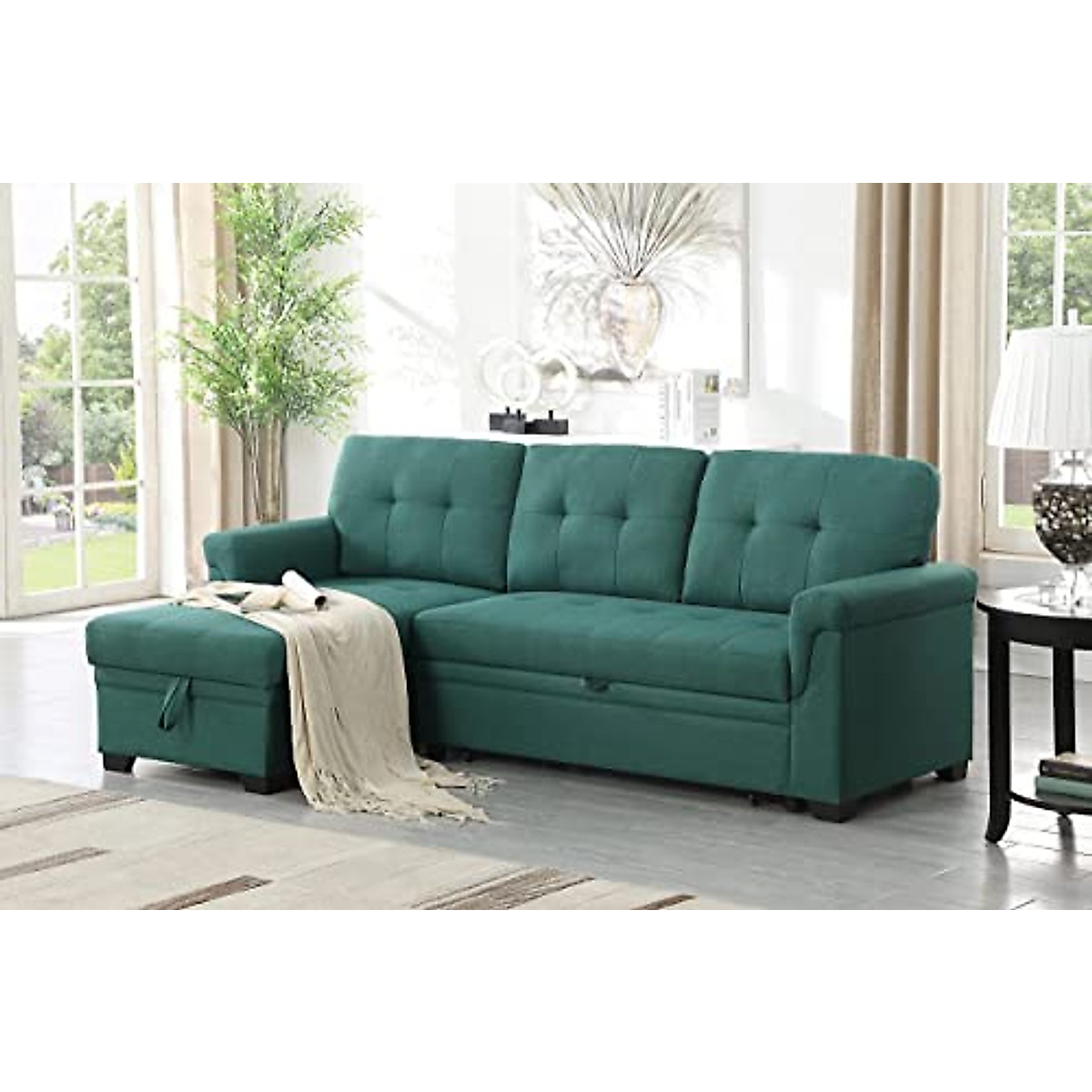 Lilola Home Linen Reversible Sleeper Sectional Sofa with Storage Chaise, Green