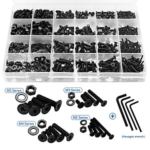 NINDEJIN Hex Socket Flat Head Screw M2 M3 M4 M5 Bolts Nuts and Washer Assortment Kit, 1060PCS Metric Screws with 4PCS Allen Wrenches, Small Black Machine Screws Set, 12.9 Carbon Steel
