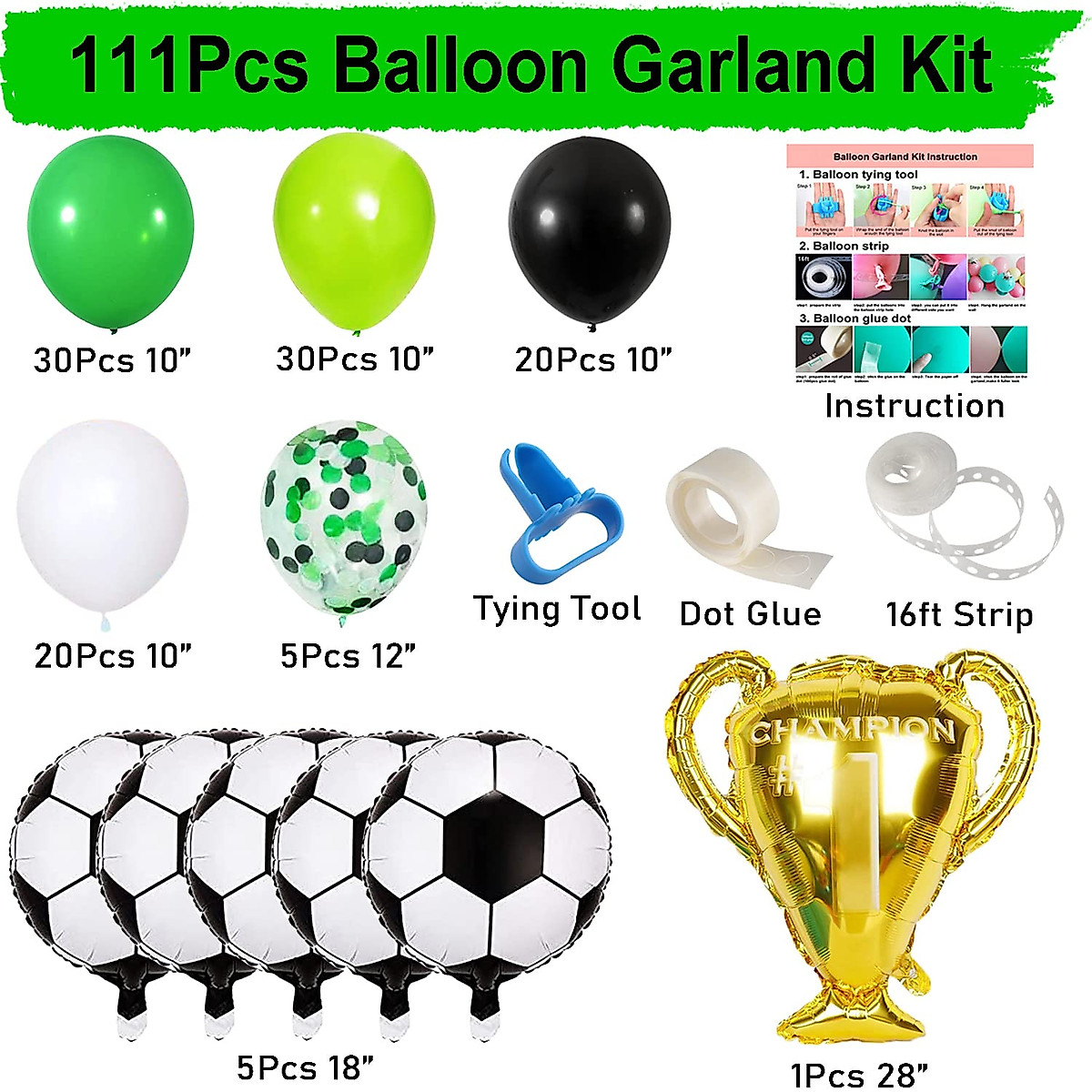 Soccer Party Balloon Garland Arch Kit, 111 Pcs Green White Black Confetti Balloons with Soccer Champion Cup Mylar Foil Balloons for Soccer Theme Party Decorations