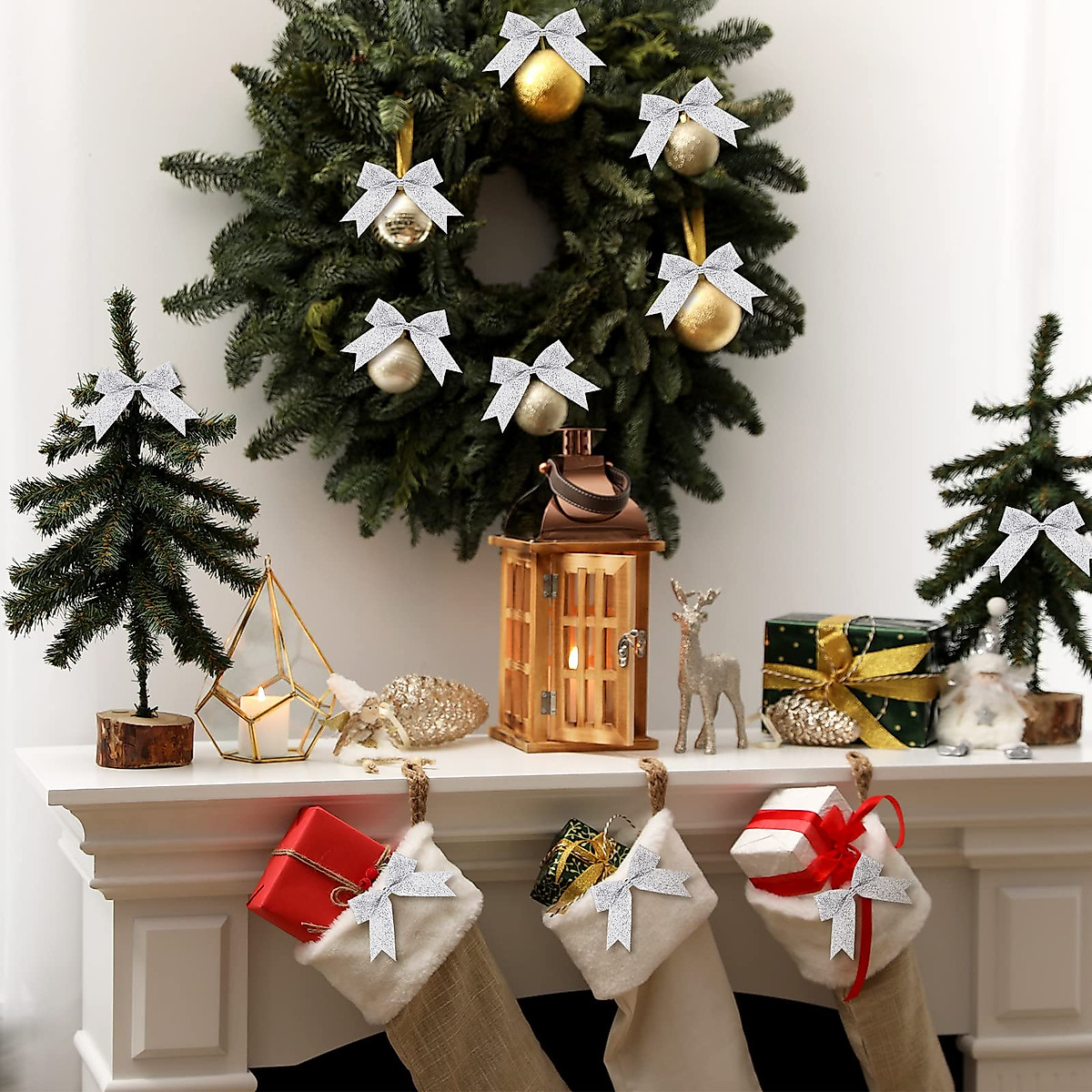 100 Pieces Christmas Mini Bows Glitter Ribbon 2 Inch Twist Tie Bows Pretied Mini Bows Shiny Christmas Bows DIY Polyester Craft Bows for Sewing Appliques Scrapbooking Wedding Gift