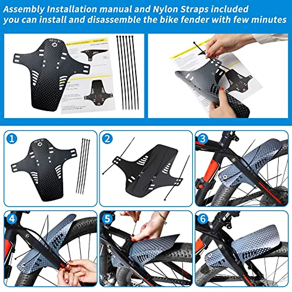 R2Depot Bike Fender with 12 Cable Ties, 2 Parts- Front/Rear Mud Guards Fit for 20"/22"/24"/26" Bike B-2-piece Set