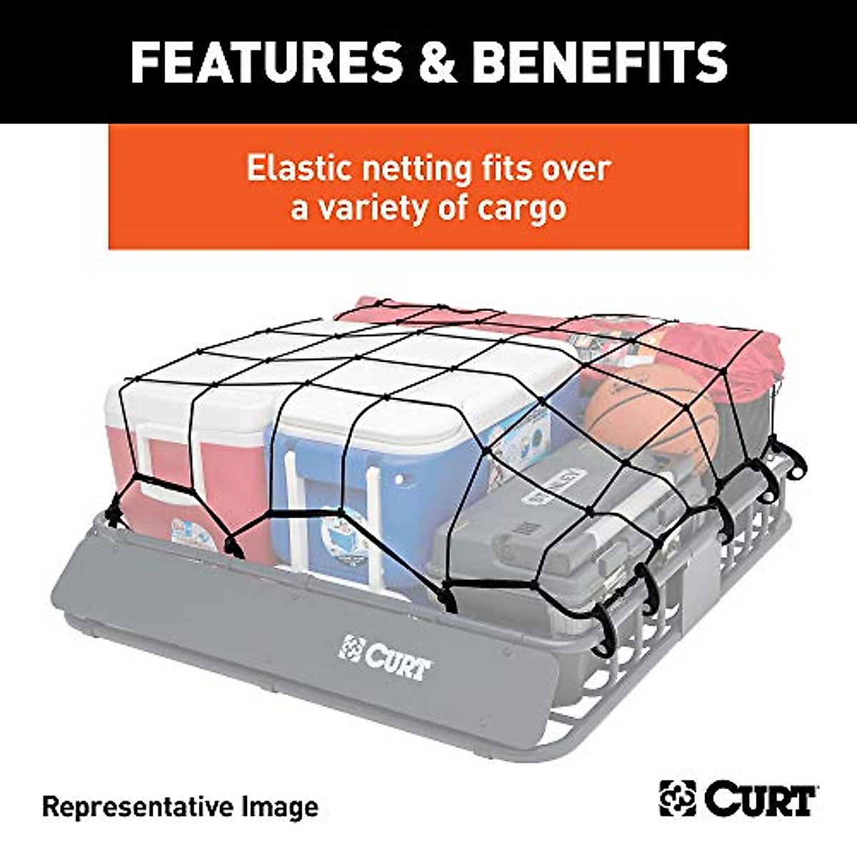CURT 18201 65 x 38-Inch Elastic Cargo Net with Hooks for Roof Basket