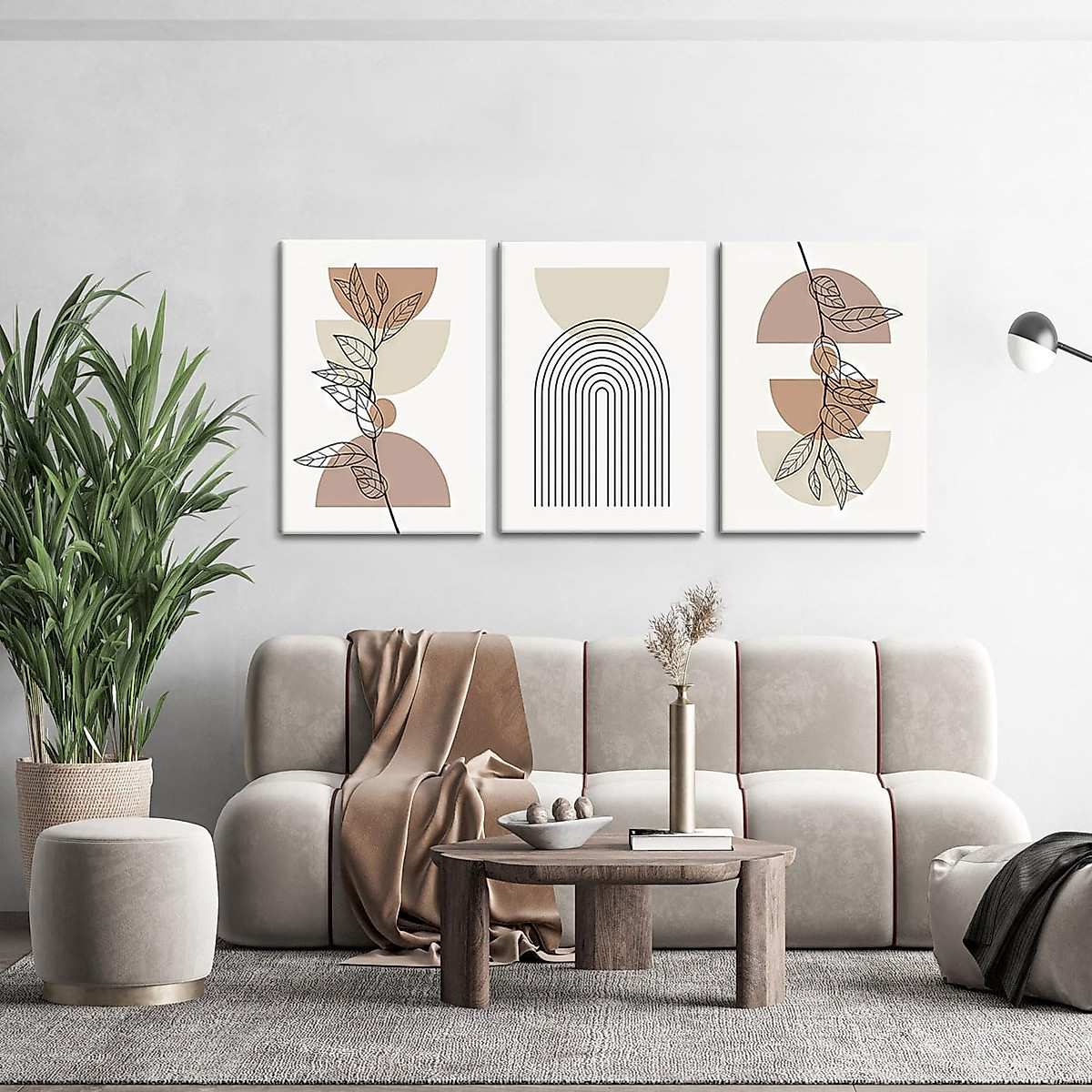 Modern Boho Wall Art Set of 3 - Abstract Geometric Line Leaf Beige Botanical Canvas Paintings Prints Wall Decor, Minimalist Wall Art for Living Room, Bedroom, Office - Framed 12x16 in