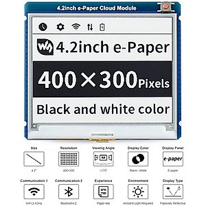 Bicool Waveshare 4.2inch E-Paper Cloud Module 400×300 Pixels e-Ink Display, Bluetooth 4.2 Connectivity Paper-Like Effect,Long Battery Life Support Quick Charge, 4.2inch WiFi e-Paper Display
