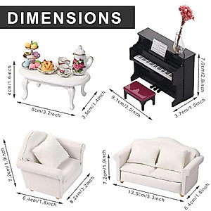 61 Pcs 1:12 Scale Dollhouse Sofa Accessories Set Dollhouse Food Miniature Dollhouse for Living Room Furniture Include Porcelain Tea Kits Mini Kitchen Food Tiny Piano for Doll Toy House (White)
