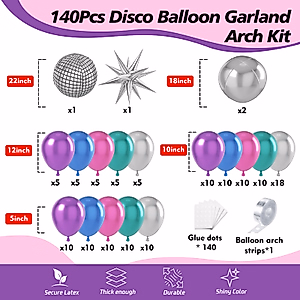 HKYOOD Disco Balloons Garland Arch Kit - 22 18 12 10 5 inch Metallic Purple Blue Hot Pink Green Silver Chrome Disco Balloon with for Birthday Sing Themed 70S 80S 90S Bachelorette Party Decorations