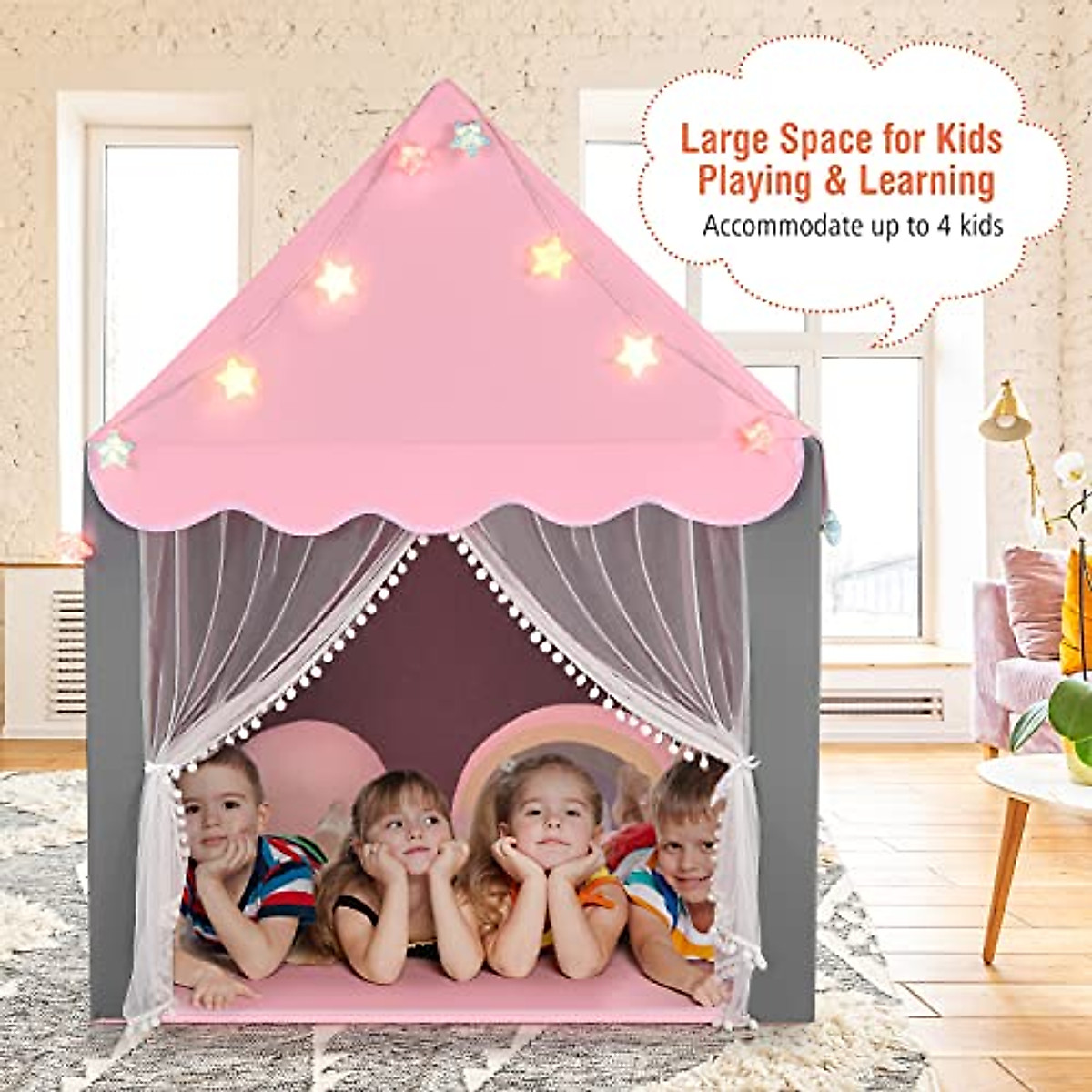 Costzon Kids Play Tent, Playhouse Tent w/Washable Cotton Mat, Star String Lights, Windows, Bottom Zippers, Large Indoor & Outdoor Castle Fairy Tent, Easy Assembly, Gifts for Boys & Girls (Pink)