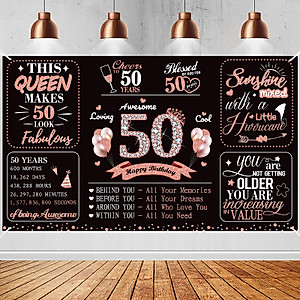 Large 50th Birthday Banner Party Decorations for Women, Rose Gold 50 and Fabulous Birthday Backdrop Party Supplies, Fifty Year Old Birthday Poster Photo Decor for Indoor Outdoor