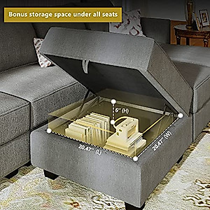 HONBAY Modular Sofa Sectional Couch U Shape Sofa with Ottomans Reversible Sectional Sleeper Sofa Modular Couch Bed with Storage, Grey