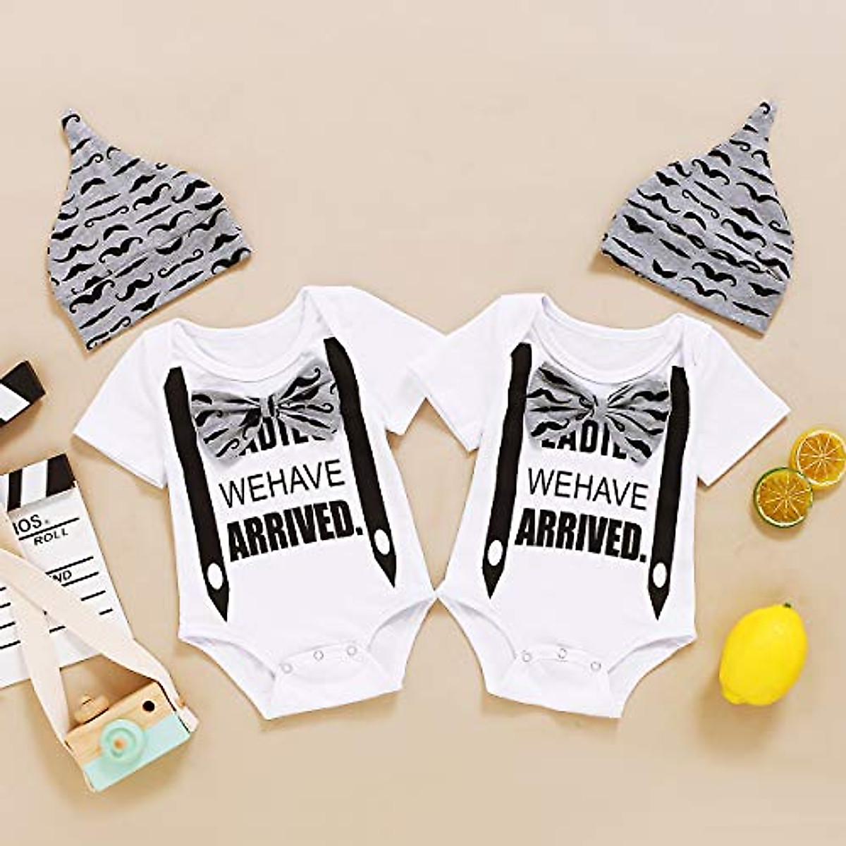Aslaylme Newborn Boy Matching Outfit Twins Bodysuit Ladies We Have Arrived Romper (White-02, 0-3 Months)
