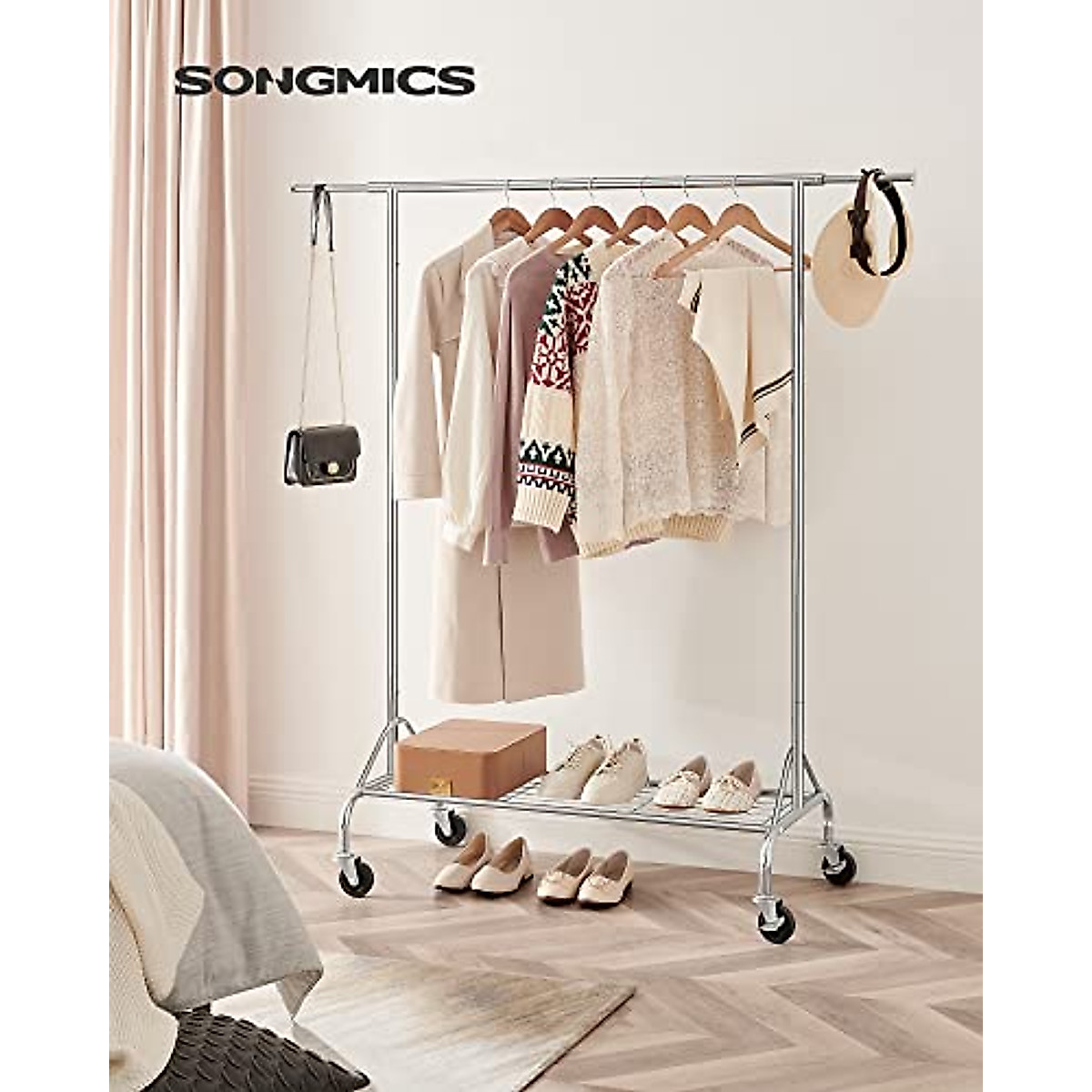 SONGMICS Heavy Duty Metal Clothes Rail with Shoes Shelf, Maximum Load of 50 kg, one Rod, Silver