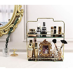 Simmer Stone Makeup Organizer Shelf, 2 Tier Cosmetic Storage Basket with Removable Glass Tray, Wire Vanity Organizer Rack for Dresser, Countertop, Bathroom and More, Gold