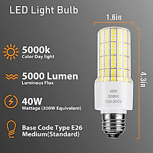 ZP A19 Led Light Bulb 300W Equivalent 40W Bulbs 5000 Lumen 5000K Cool Daylight White E26/E27 Base Waterproof Lighting for Outdoor Indoor Garage Warehouse Corn Green, 2 Count (Pack of 1)