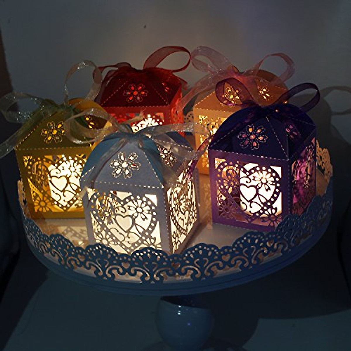 KPOSIYA 100 Pack Love Heart Laser Cut Wedding Party Favor Box Candy Bag Chocolate Gift Boxes Bridal Birthday Shower Bomboniere with Ribbons