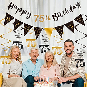 75th Birthday Decoration Kit, Happy 75th Birthday Banner Bunting Swirls Streamers, Triangle Flag Banner for Birthday Party Decorations Supplies Black and Gold 75th