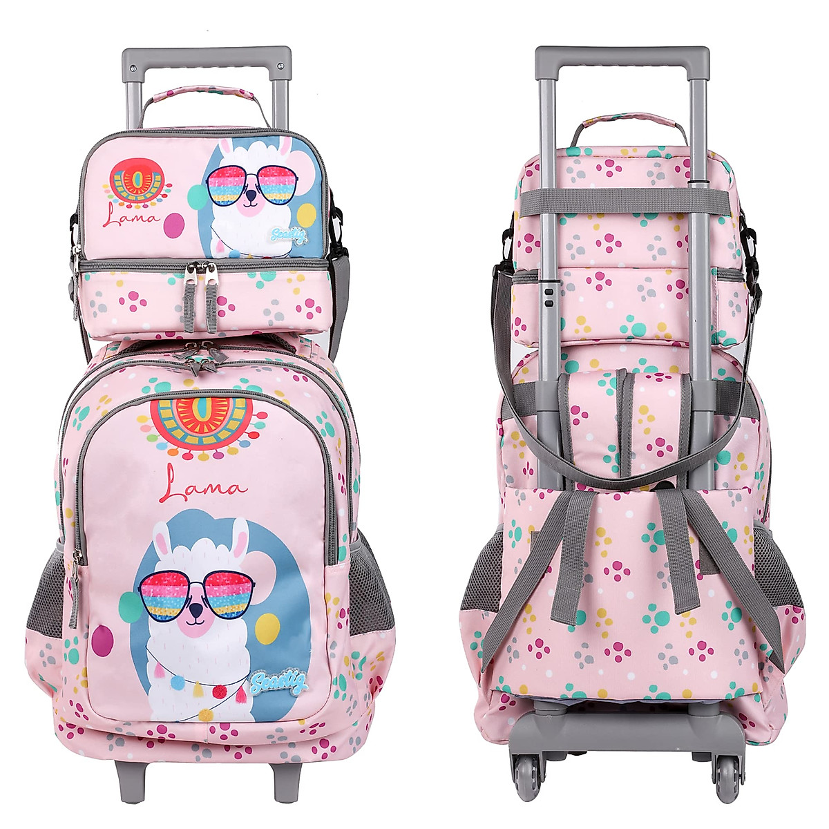 seastig Rolling Backpack 18in Double Handle Backpack Kids Wheeled Backpack Roller Backpack with Lunch Bag Set Girls Boys, Alpaca with Sunglasses