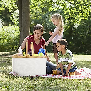 ANMINY Large Storage Basket with Natural Bamboo Handles Canvas Fabric Picnic Laundry Bin Water-Repellent Rectangular Closet Cabinet Shelf Box Foldable Decorative Nursery Clothes Toys Organizer - Beige