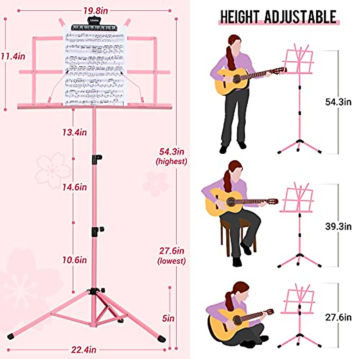 CAHAYA Sheet Music Stand Folding Music Stand Portable with Carrying Bag for Books Notes Pink CY0204-1