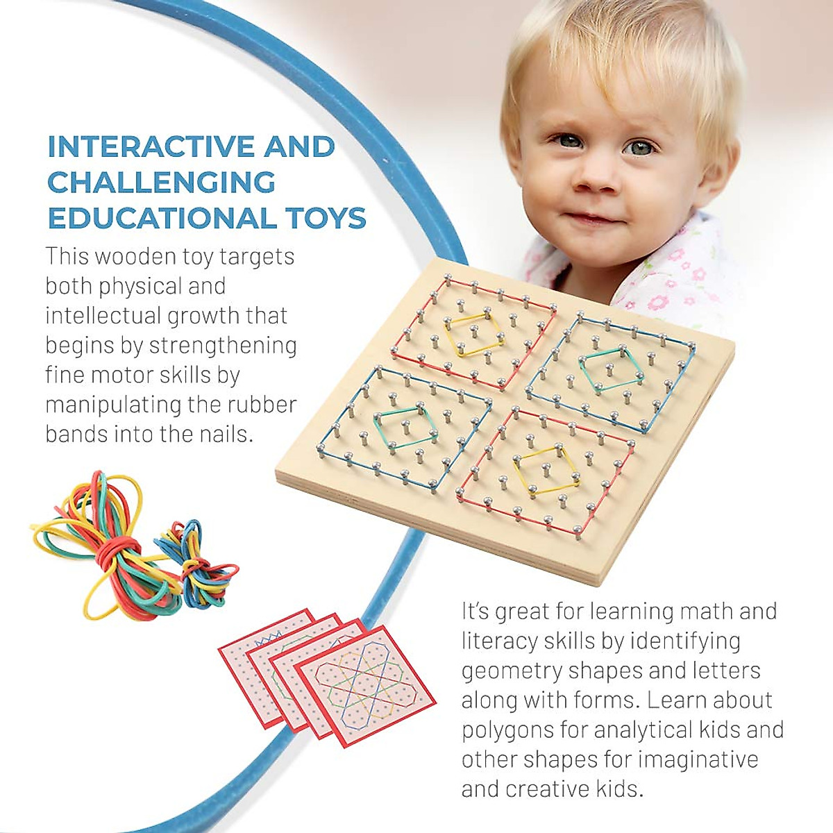 Wood GeoBoard - Geo board 10 x 10 Graphical Educational Mathematics Material with Rubber Tie and Cards, Preschool Kids Mathematical Brain Teasers, Early Learning Development DIY Toy for Toddler