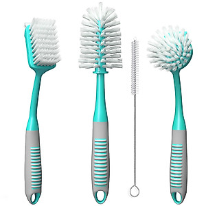 Dish Brush Set of 4 with Bottle Water Brush, Dish Scrub Brush, Scrubber Brush and Straw Brush - Kitchen Scrub Brushes Ergonomic Non Slip Long Handle for Cleaning Cleaner Wash Dish Sink Dishes Cup Pot