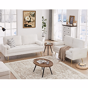 HIFIT 70" White Loveseat Sofa Couch, Mid Century Modern Fluffy Couch with Deep Love Seat & 2 Pillow, Comfy 3-Seater Home Sofa Living Room Small Couches for Small Space,Bedroom,Office, Solid Wood Frame