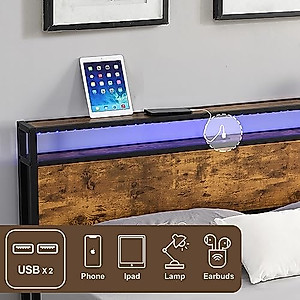 Modern Industrial Queen Bed Frame with LED Lights and 2 USB Ports, Metal Platform Bed Frame Queen Size with Storage, Noise Free, No Box Spring Needed, Strong Steel Slats Support, Rustic Brown (Queen)
