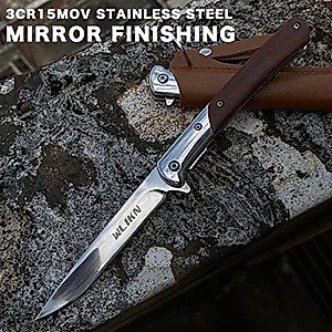 Wlikn Pocket Folding Knife with Belt Clip, 8.6in 3Cr15MoV Stainless Steel Blade Camping Knife, Wood Handle, EDC Outdoor Hunting Tactical Folding Knife Low Profile Slim Pocket Knife for Men
