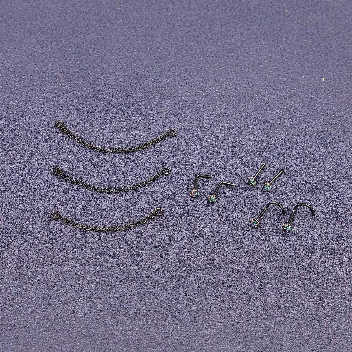 Nose Ring Chain Across Nose Black Stainless Steel Nostril Nose Piercing Chain with Cubic Zirconia Nose Screw Bone L-Shaped Ring for Women Body Piercing Nostril Jewelry with Bridge Chain