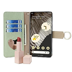 lefeda Wallet Case for Google Pixel 8 Pro/Pixel 8, Luxury Fashion Flip Purse Leather Cover with Card Slots Crossbody Shoulder Strap with Mirror,Green,8