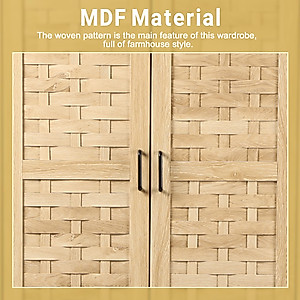 QEIUZON Wardrobe Closet, Freestanding Closet Wardrobe Cabinet with Wide Drawers & Hanging Rod, Armoire for Bedroom, Kids' Room, Dorm (Natural)