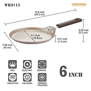 CHEFMADE Mini Crepe Pan with Bamboo Spreader, 6-Inch Non-Stick Pancake Pan with Insulating Silicone Handle for Gas, Induction, Electric Cooker (Champagne Gold)