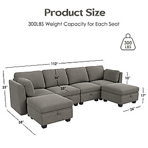 AYEASY Modular Sectional Sofa, U Shaped Sofa Couch with Storage Seats, Sectional Couches for Living Room with Chaise, 6 Seats Convertible Sofa Bed High Supportive with Adjustable Backrest 112", Grey