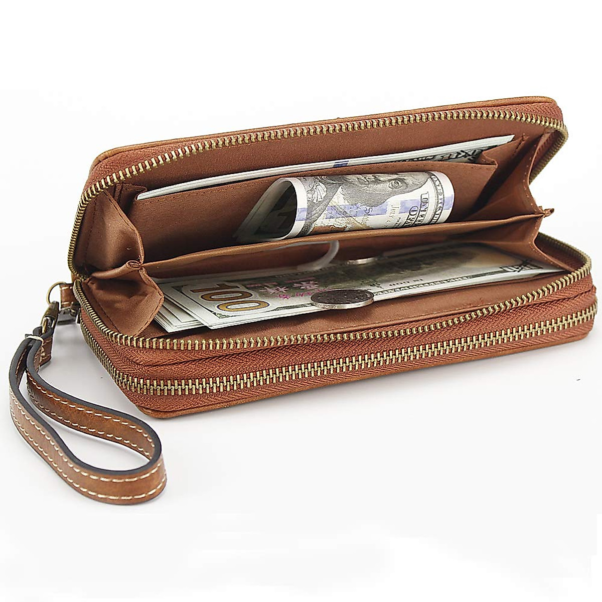 Autumnwell RFID Blocking Double Zipper Long Clutch Wallet Cellphone Wallet for Women with Hand Strap for Card, Cash, Coin, Bill (beige)