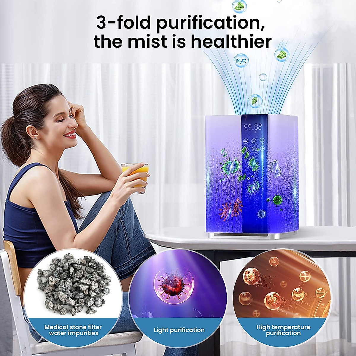Humidifiers for Bedroom Large Room, Cool and Warm Mist（ up to 212℉） Humidifier with 3-fold Purification, 5L Top Fill Quiet 3 Speed Humidifiers with Auto Shut-Off