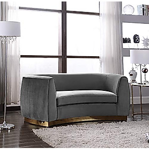 Meridian Furniture Julian Collection Modern | Contemporary Velvet Upholstered Loveseat with Stainless Steel Base in Rich Gold Finish, Grey, 70" W x 34" D x 28" H