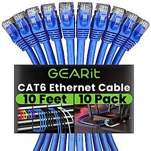 GearIT Cat 6 Ethernet Cable (10-Pack 10 Feet) Cat6 Network Patch, 10Gbps, RJ45, Snagless Cord, Gold-Plated Connectors, Internet for PC, TV, Tablet, Router, Printer, Servers, IT Data Center - Blue