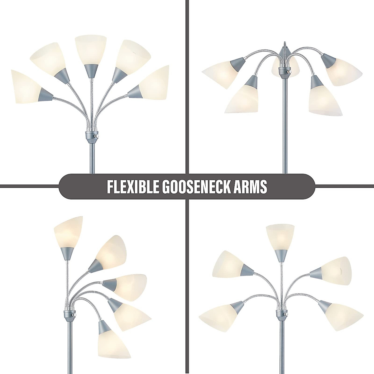 HonoDing Medusa Floor Lamps Standing Lamps 5 Heads Adjustable Reading Light Large Shade Use E26 A19 Bulb Floor Lamps for Living Room Bedroom (Silver)