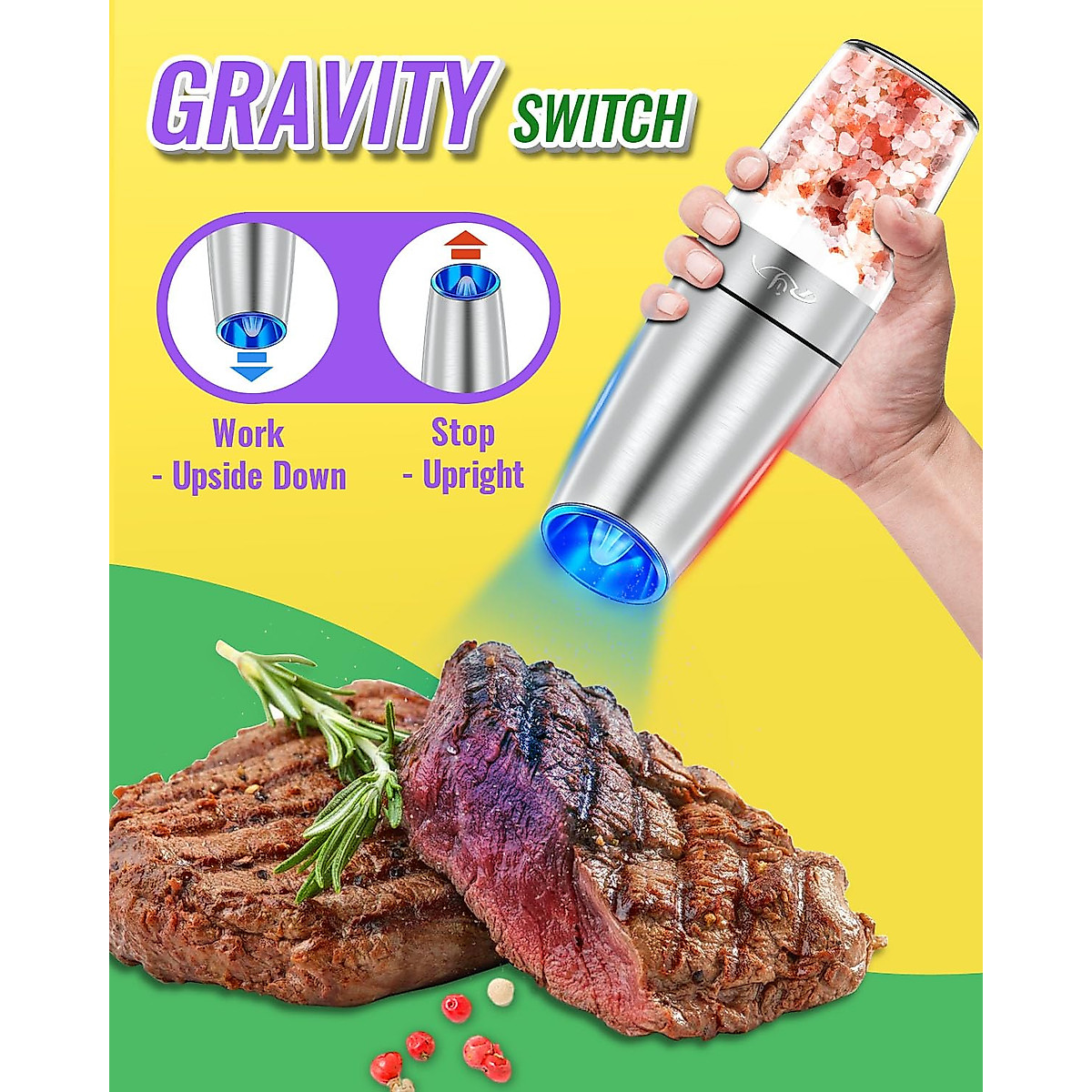 Rongyuxuan Gravity Electri Salt and Pepper Mill Set,Pepper Grinder with Ceramic Rotor,Acrylic Container,Stainless Steel Middle,Blue LED Light,Battery Powered,Adjustable Coarseness,One Hand Use,Sliver