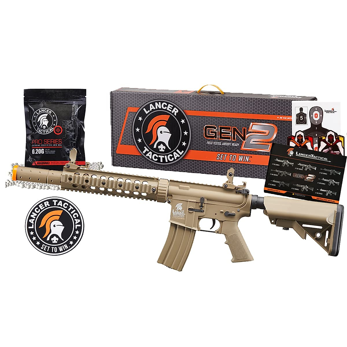 Lancer Tactical Gen 2 M4 SD Long Rail 9" Electric Airsoft AEG Rifle - Full/Semi-Auto - Desert/Nylon Polymer