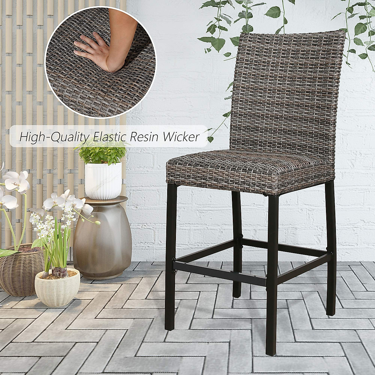 Iwicker Patio PE Wicker Height Bar Chairs, Outdoor Heavy-Duty Steel Frame Rattan Bar Stools with Padded Quick Dry Foam and Curved Backrest, Set of 4