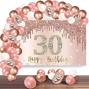 Happy 30th Birthday Banner Backdrop Decorations with Confetti Balloon Garland Arch, Rose Gold 30 Birthday Banner Balloon Set for Women, Pink 30 Year Old Bday Poster Photo Booth Decor