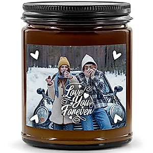 Personalized Scented Candles with Picture for Him or Her (Vanilla Bean) - Custom Valentine's Day Photo Candles - Customized Amber Vessel Jar Candles, 7.5oz