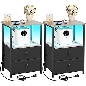 LOAKEKEL Night Stand Set 2, LED Nightstand with Charging Station, End Tables with Storage Shelf for Small Spaces, Bedside Table Side Tables with 2 Fabric Drawers for Bedroom, Greige, HETS02GY